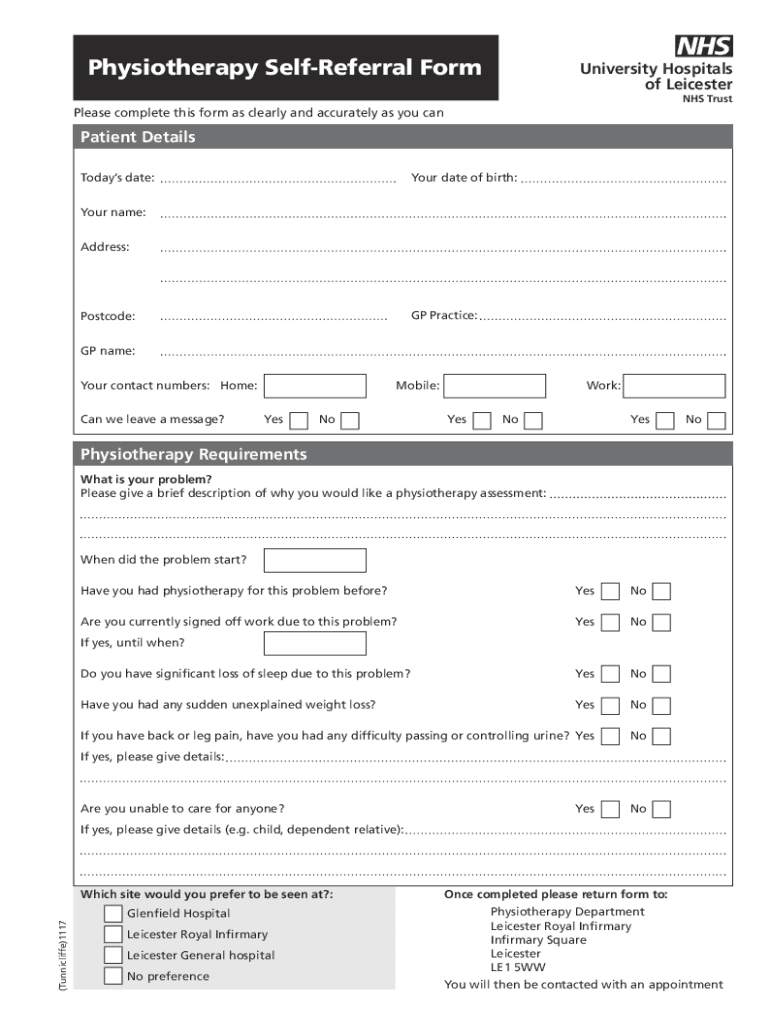 Fillable Online Physiotherapy Self-Referral Form University Hospitals ...
