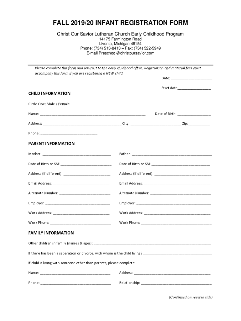 Fillable Online FALL 2019/20 INFANT REGISTRATION FORM Fax Email Print ...