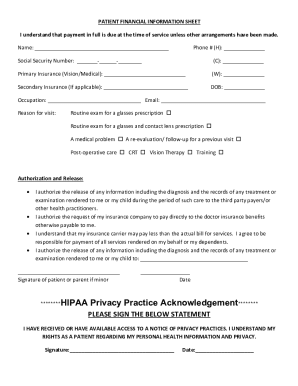 Fillable Online Patient Financial Information Sheet - Primary Eye Care ...