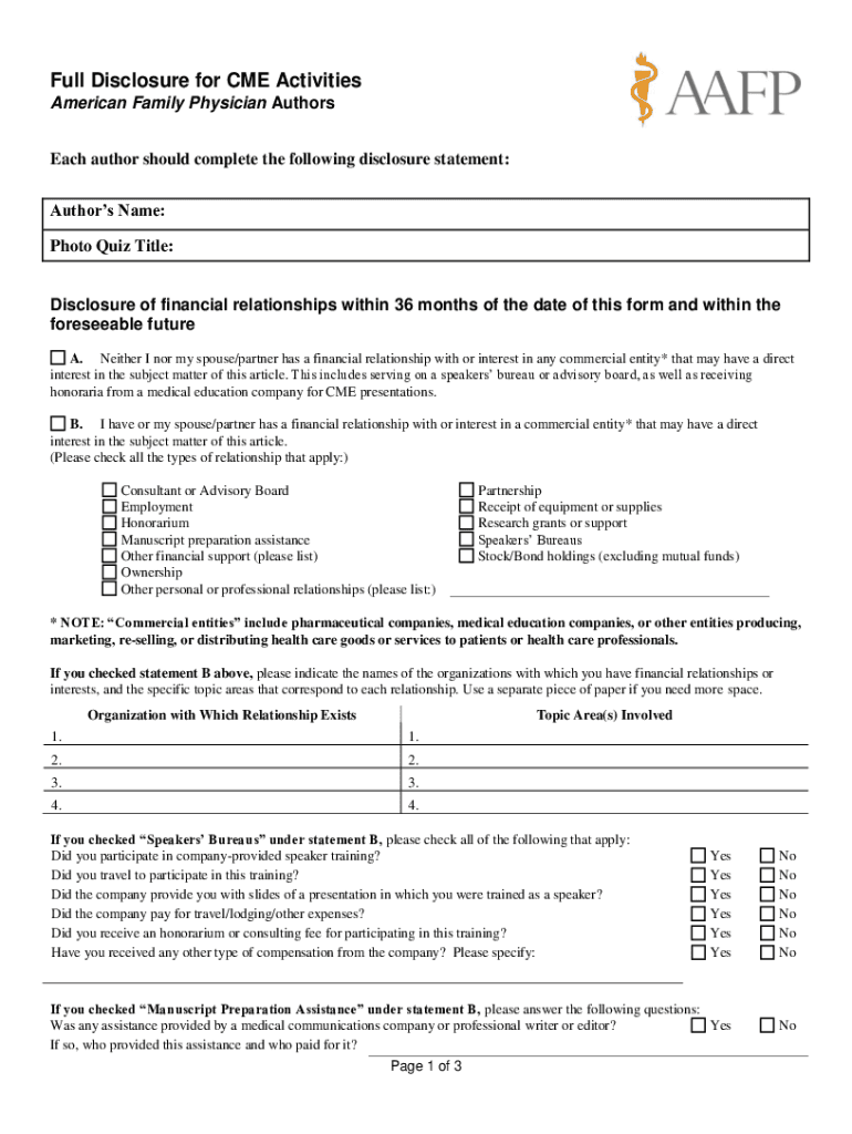 Fillable Online Full Disclosure for CME Activities American Family ...