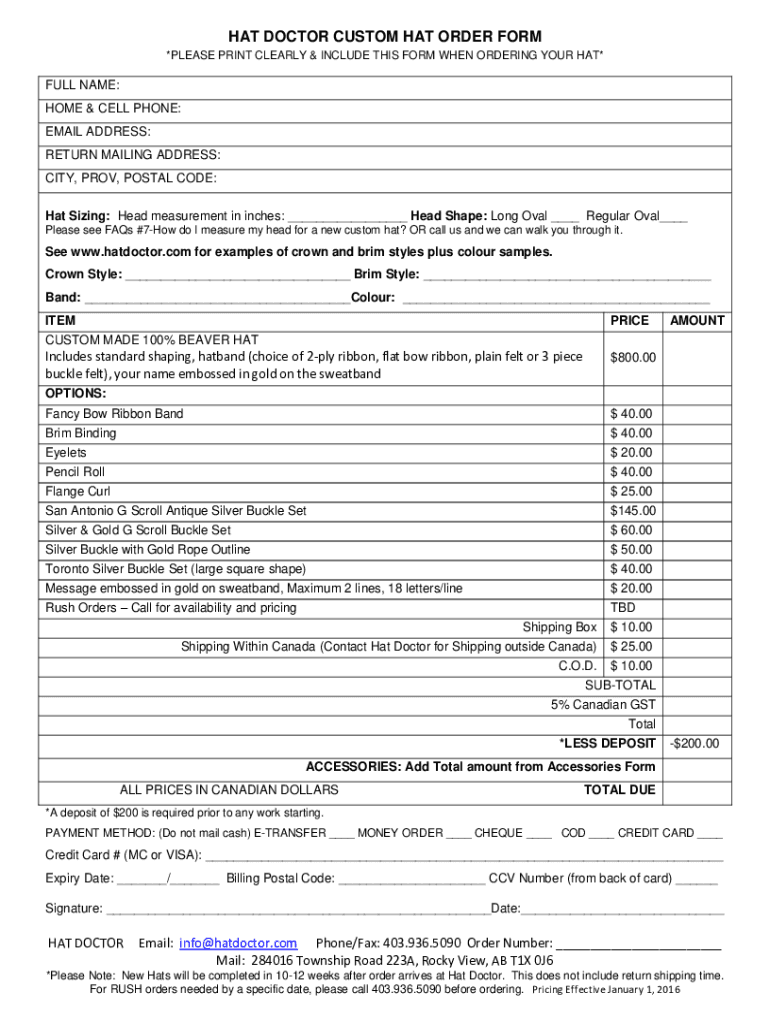 Fillable Online HAT DOCTOR CUSTOM HAT ORDER FORM Fax Email Print ...