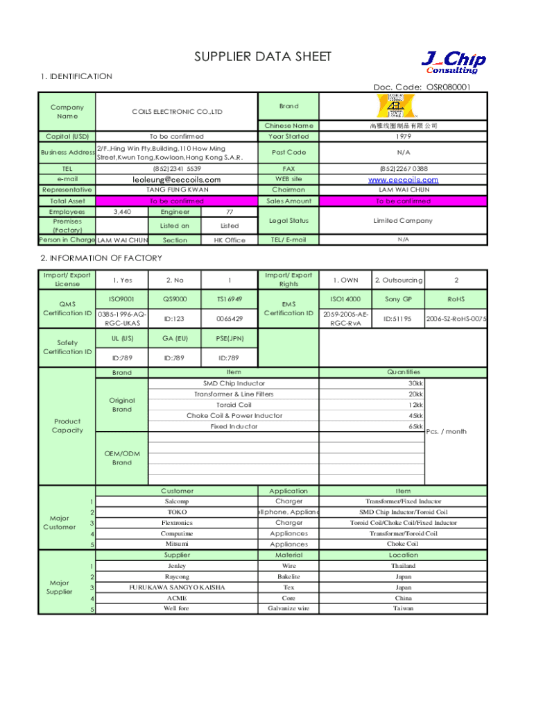 Fillable Online Coils Supplier Data Sheet (Form)26JUN.xls Fax Email ...