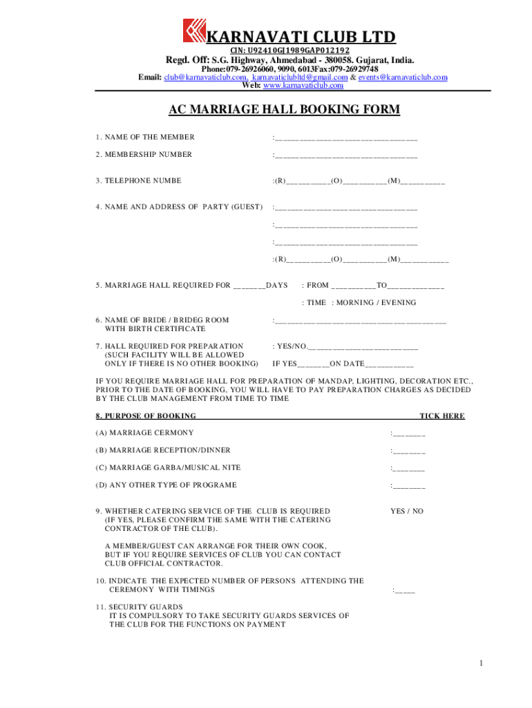 Fillable Online AC MARRIAGE HALL - BOOKINGFORM Fax Email Print - pdfFiller