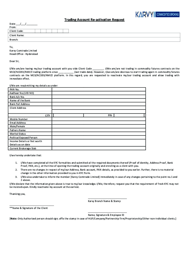 Fillable Online Trading Account Re-activation Request - Karvy ...