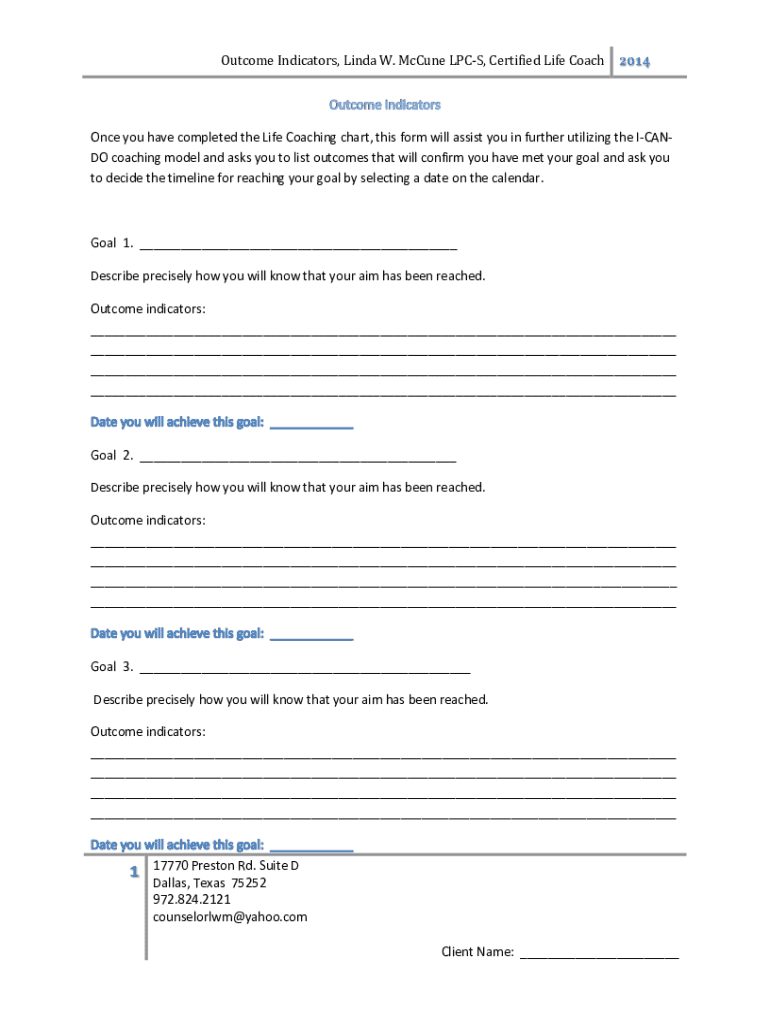 Fillable Online Outcome Indicators, Linda W. McCune LPC-S, Certified ...