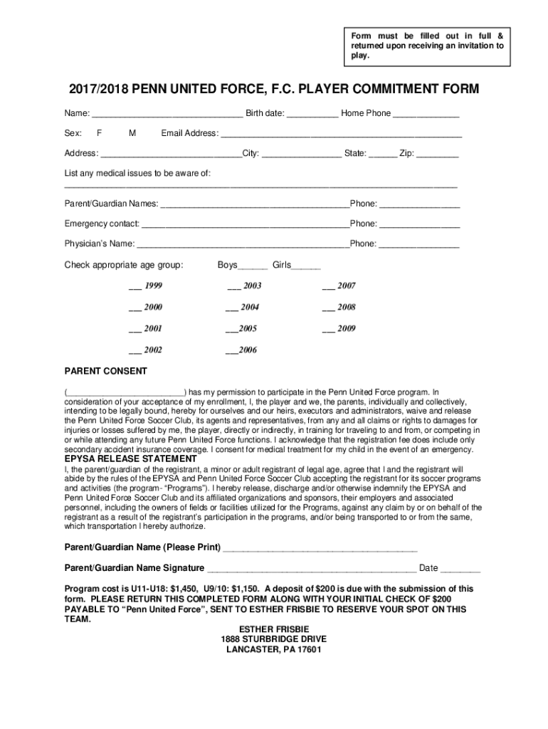 Fillable Online 2020/2021 PENN UNITED FORCE, F.C. PLAYER COMMITMENT ...