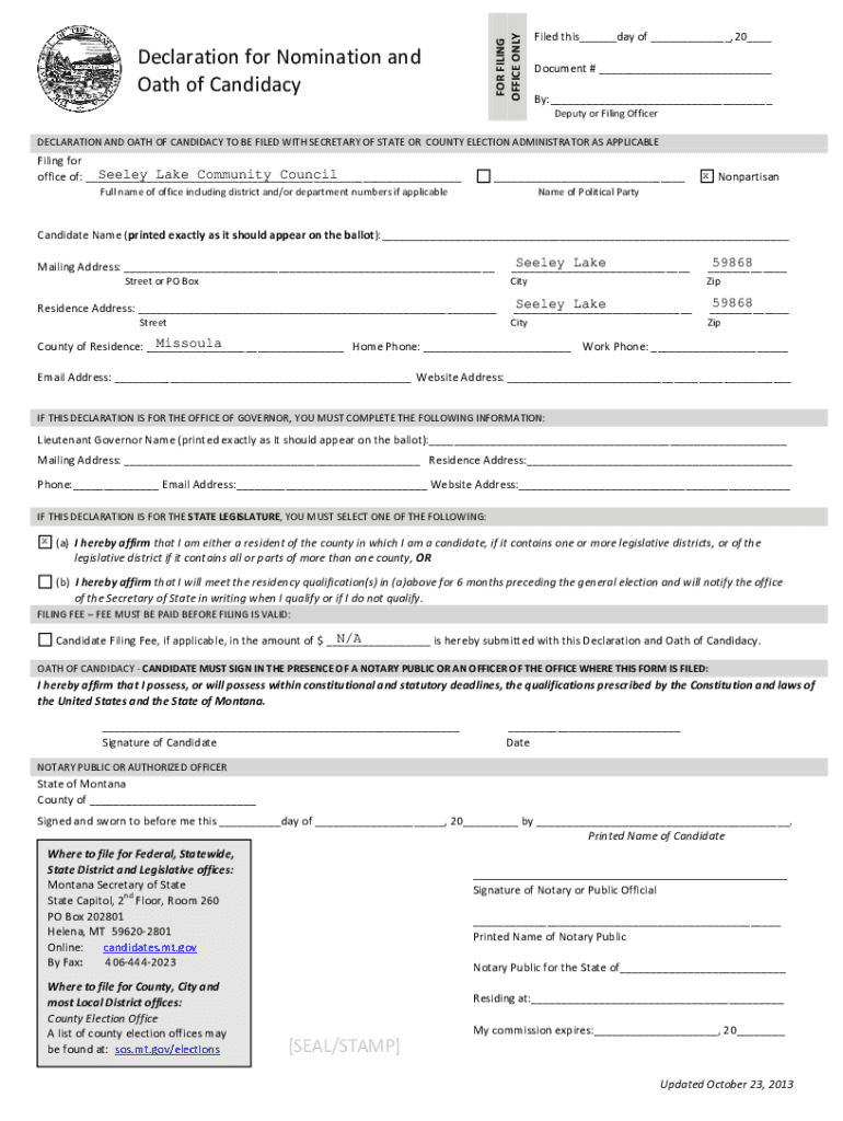 Fillable Online Get the ONLY Filed Declaration for Nomination and Oath ...