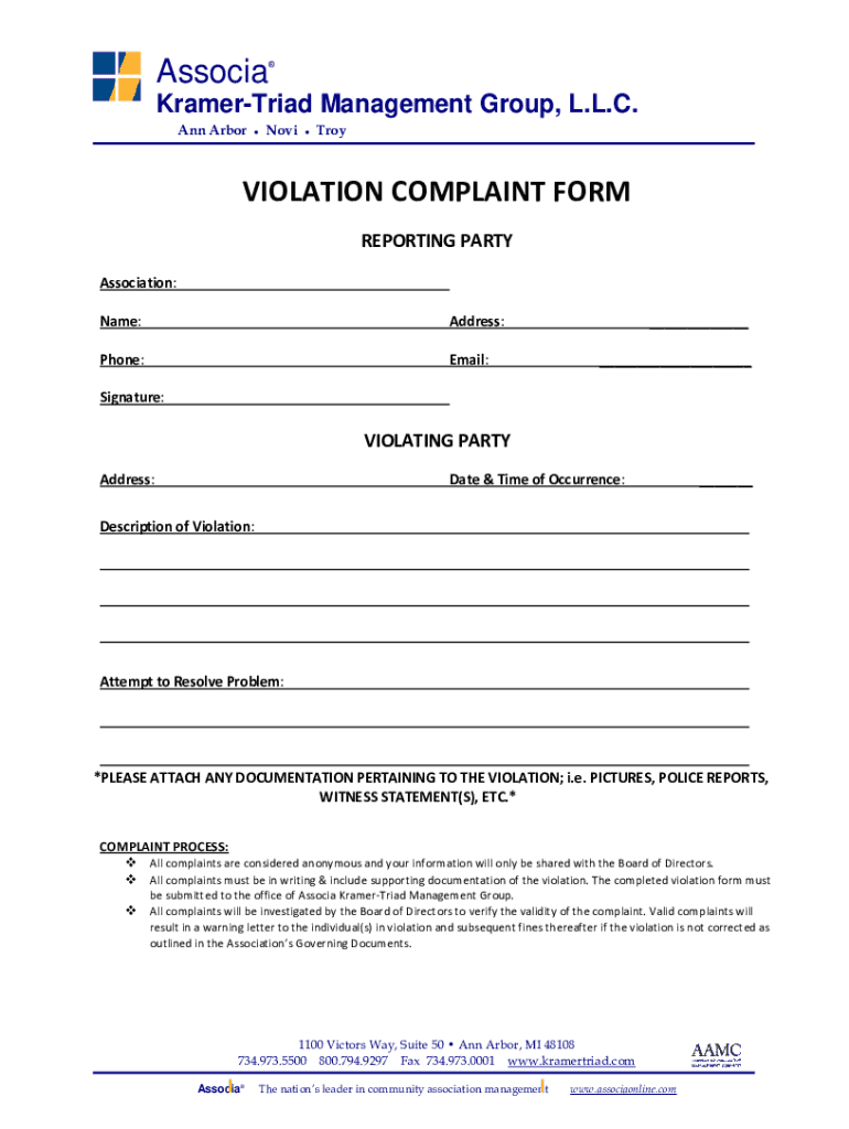Fillable Online VIOLATION / COMPLAINT FORM Fax Email Print - pdfFiller