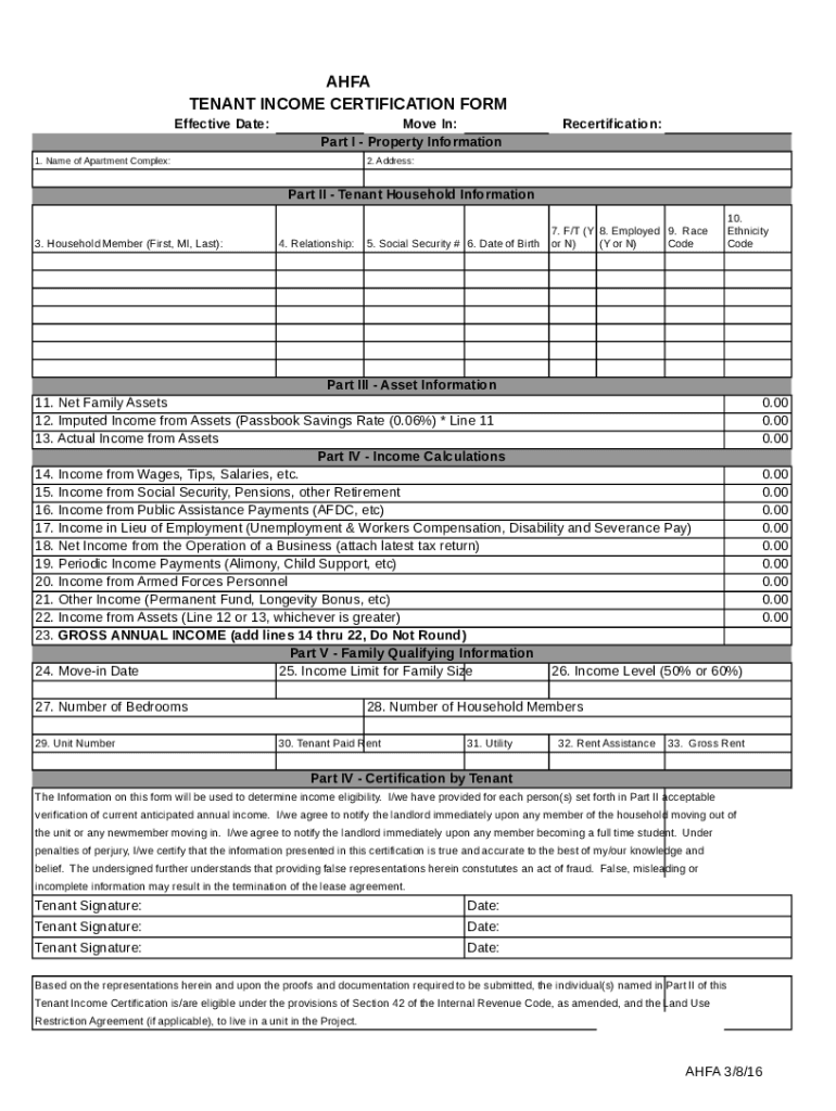 Fillable Online TENANT INCOME CERTIFICATION FORM Fax Email Print ...