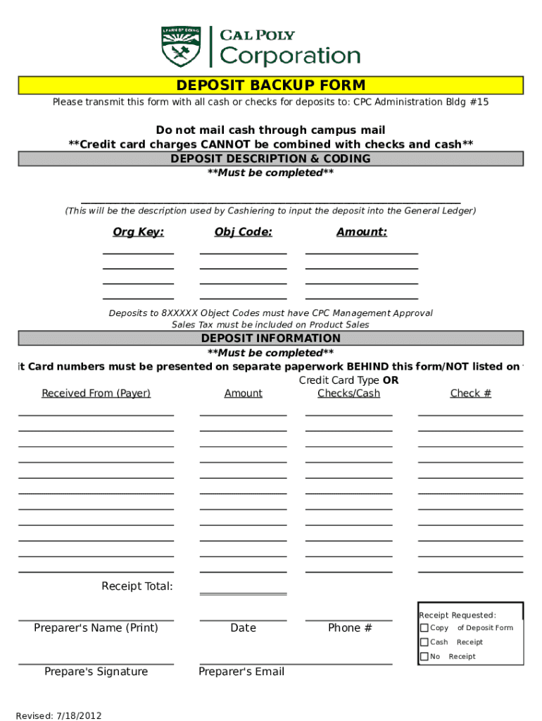Fillable Online DEPOSIT BACKUP FORM Fax Email Print - pdfFiller