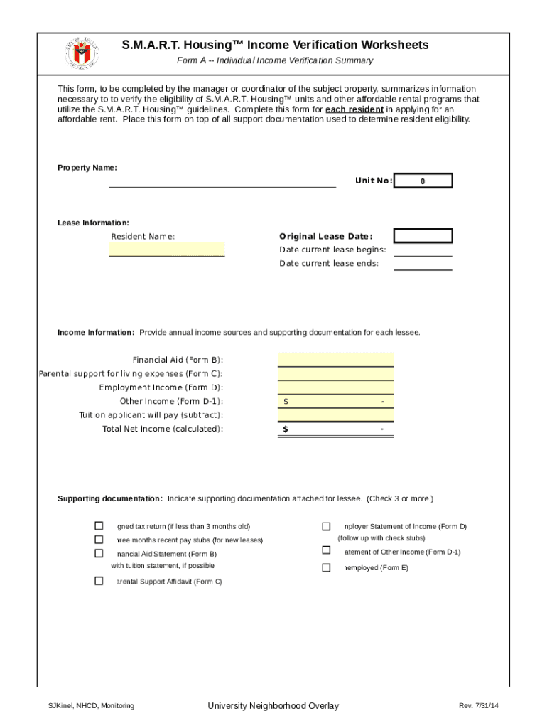 Fillable Online Housing Income Verification Worksheets Fax Email Print ...