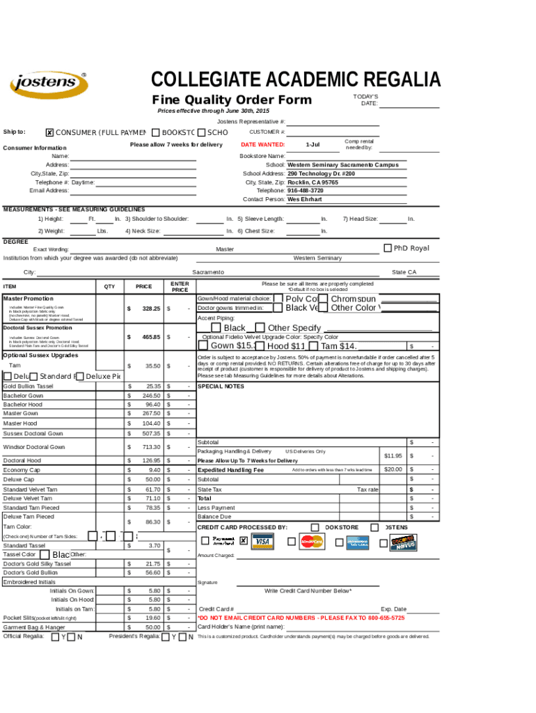 Fillable Online Collegiate Academic Regalia FQ Order Form. Jostens ...