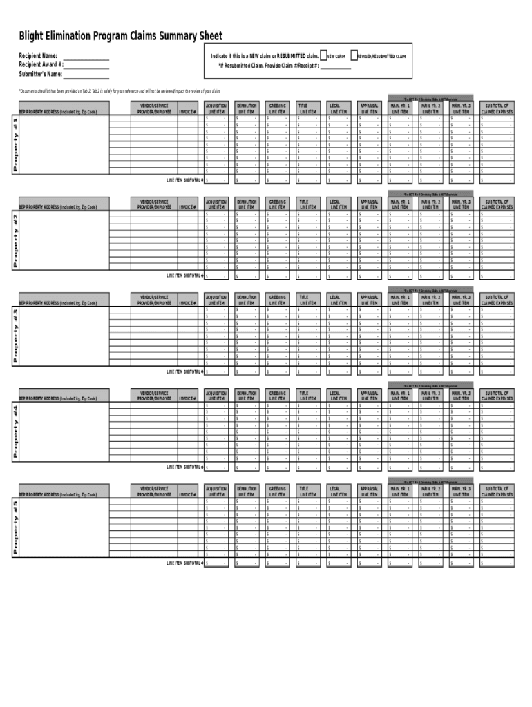 Fillable Online Blight Elimination Program Claims Summary Sheet Fax ...