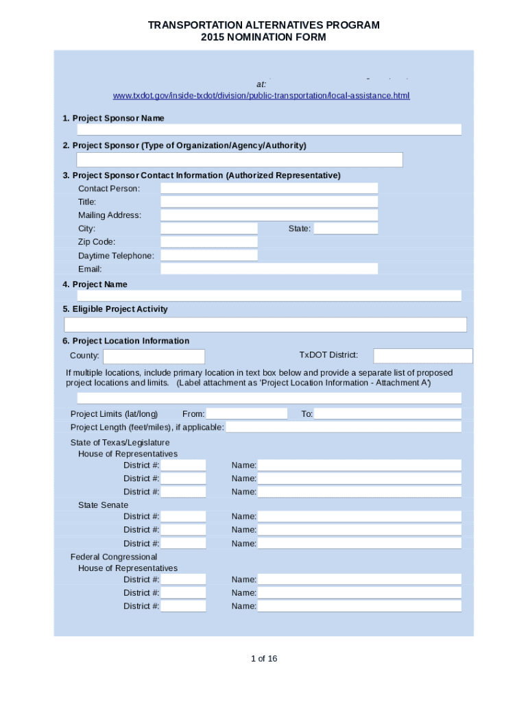 Fillable Online ftp dot state tx 2015 TAP Project Nomination Form. Form Fax Email Print - pdfFiller