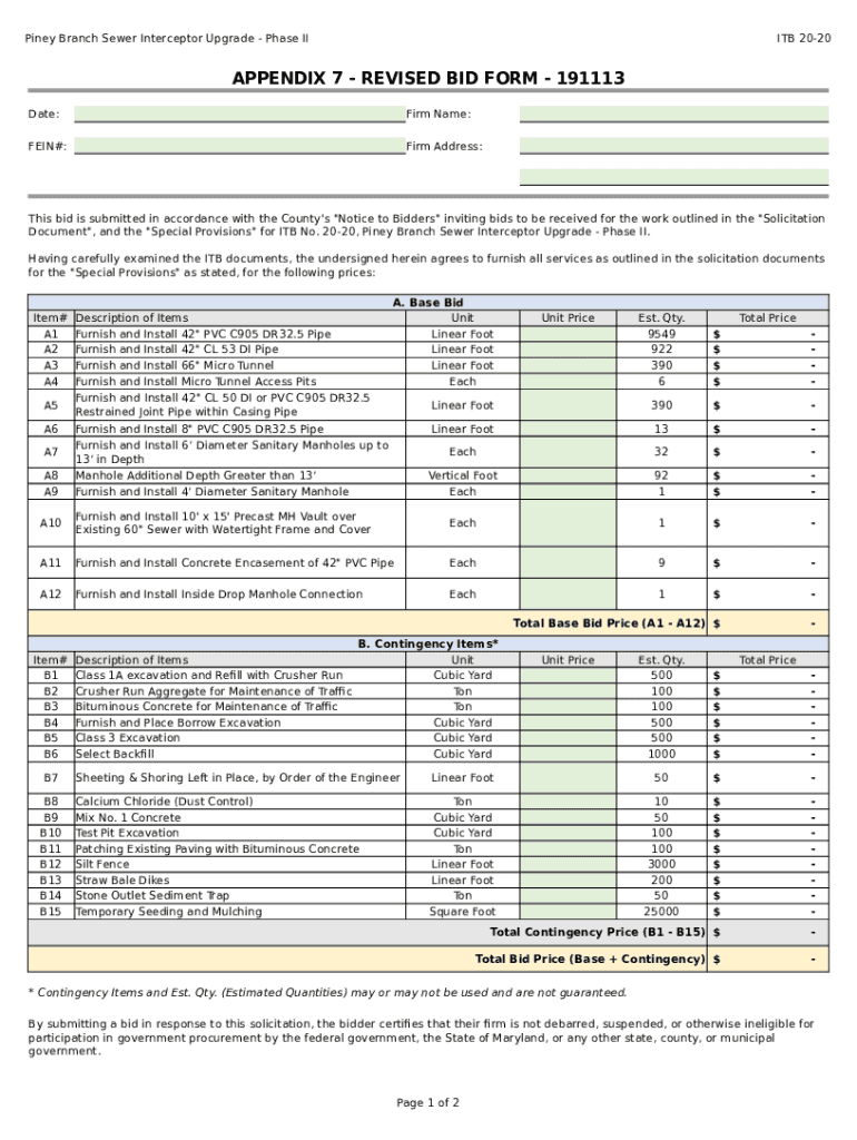 Fillable Online APPENDIX 7 - REVISED BID FORM - 191113 Fax Email Print ...