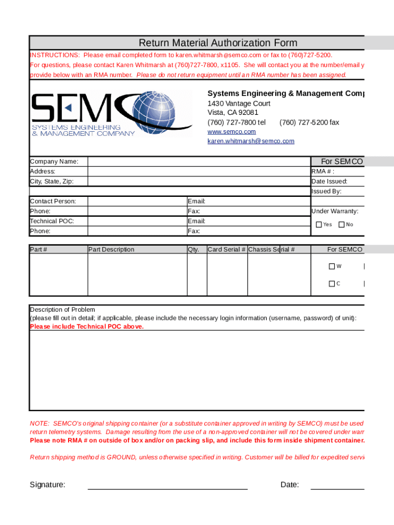 Fillable Online Return Material Authorization Form Fax Email Print ...