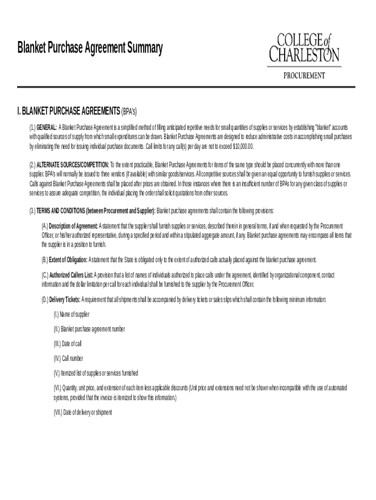Fillable Online Blanket Purchase Agreement Summary Fax Email Print ...