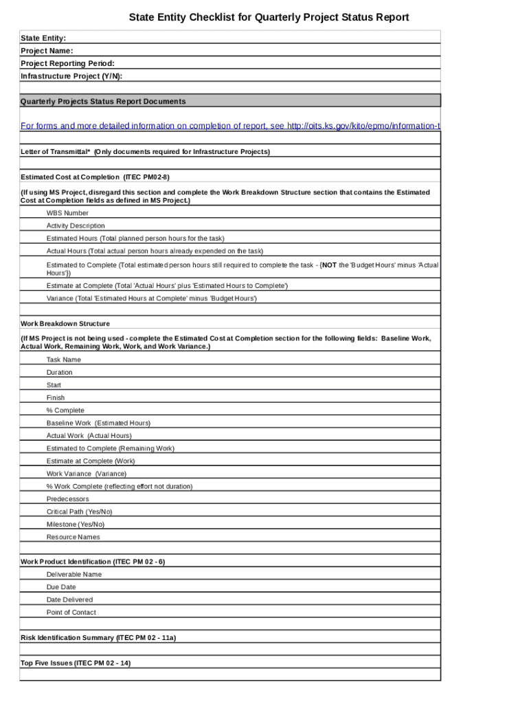 Fillable Online State Entity Checklist for Quarterly Project Status ...