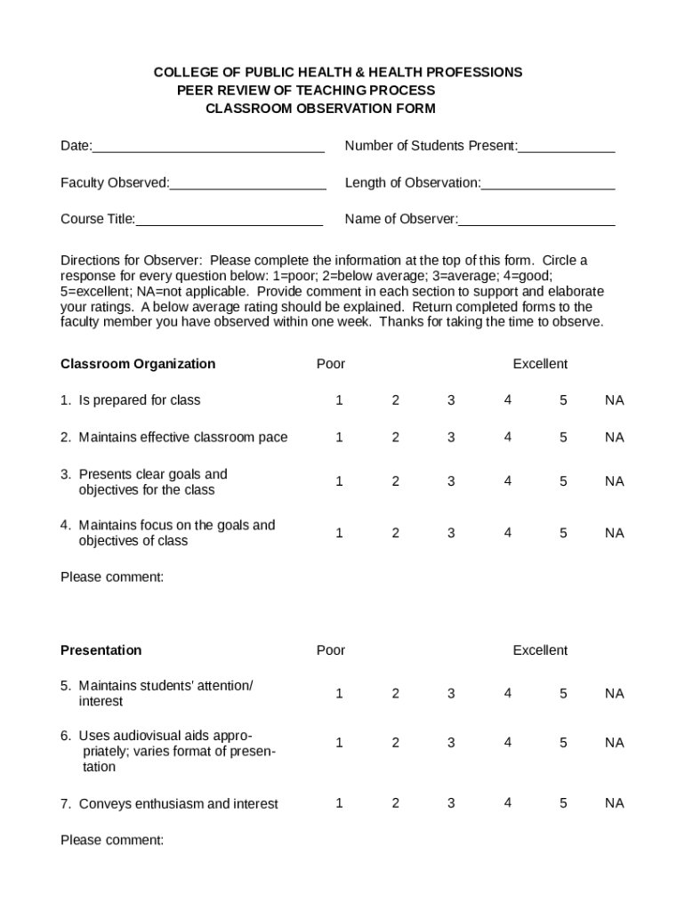 Fillable Online slhs phhp ufl CLASSROOM OBSERVATION FORM Fax Email Print - pdfFiller