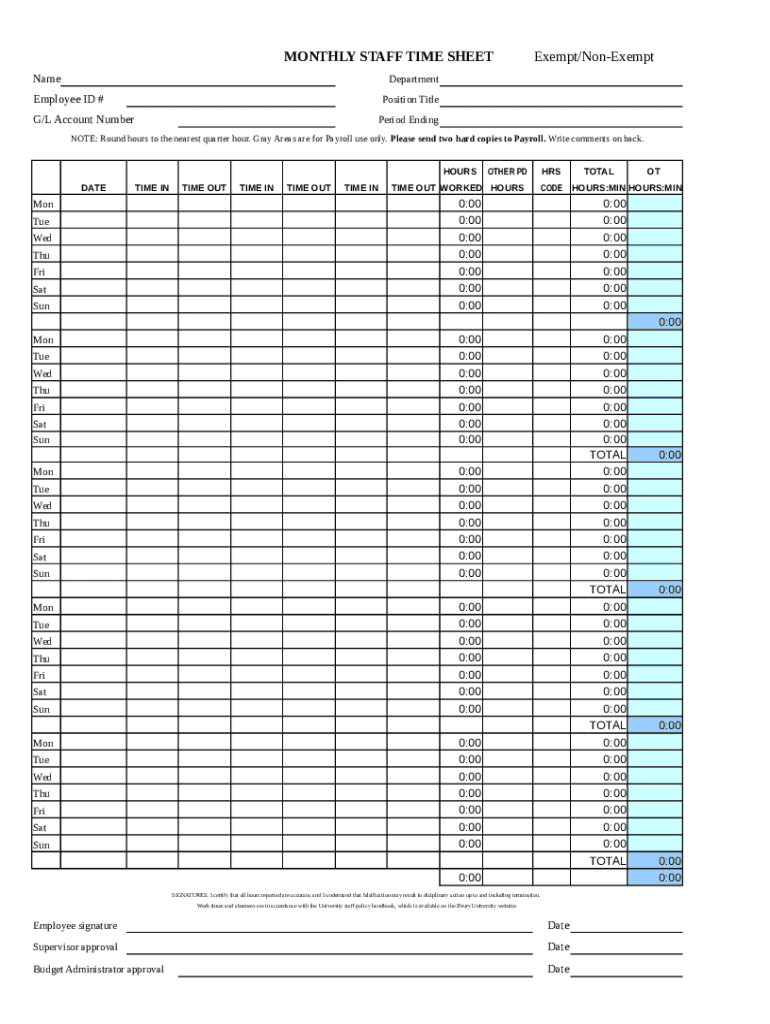 Fillable Online MONTHLY STAFF TIME SHEET Fax Email Print - pdfFiller