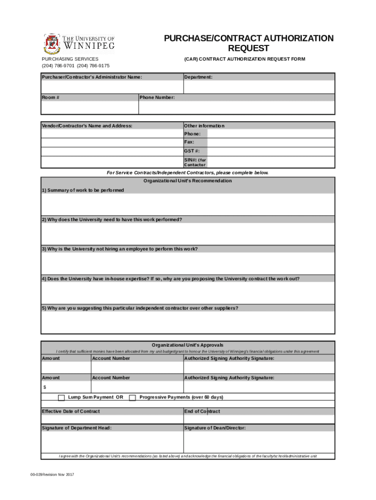 Fillable Online PURCHASE/CONTRACT AUTHORIZATION Fax Email Print - pdfFiller