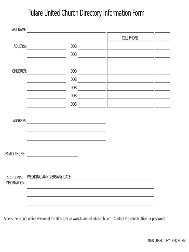 Fillable Online Tulare United Church Directory Information Form Fax ...