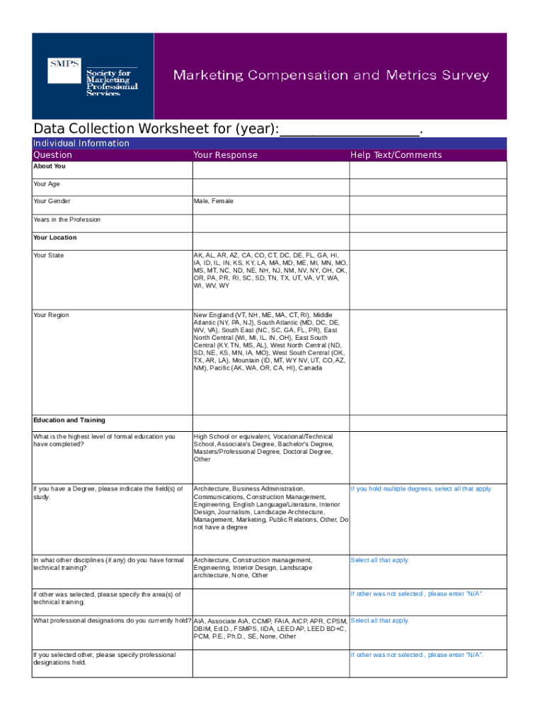 Fillable Online Data Collection Worksheet for (year): Fax Email Print ...