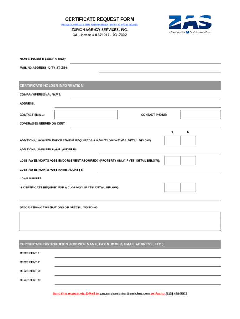 Fillable Online CERTIFICATE REQUEST FORM Fax Email Print - pdfFiller