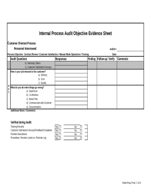Fillable Online Internal Process Audit Objective Evidence Sheet Fax ...