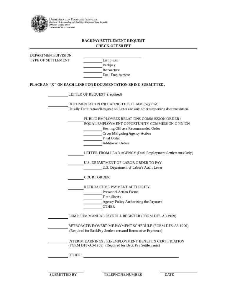 Fillable Online BACKPAY/SETTLEMENT REQUEST Fax Email Print - pdfFiller