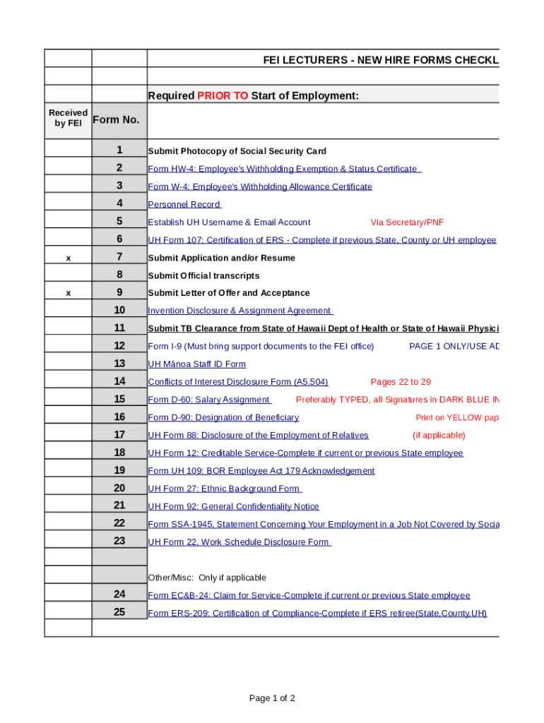Fillable Online FEI LECTURERS - NEW HIRE FORMS CHECKLIST Fax Email Print - pdfFiller