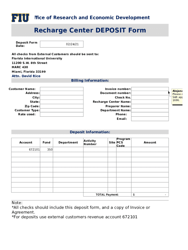 Fillable Online research fiu Recharge Center DEPOSIT Form Fax Email Print - pdfFiller