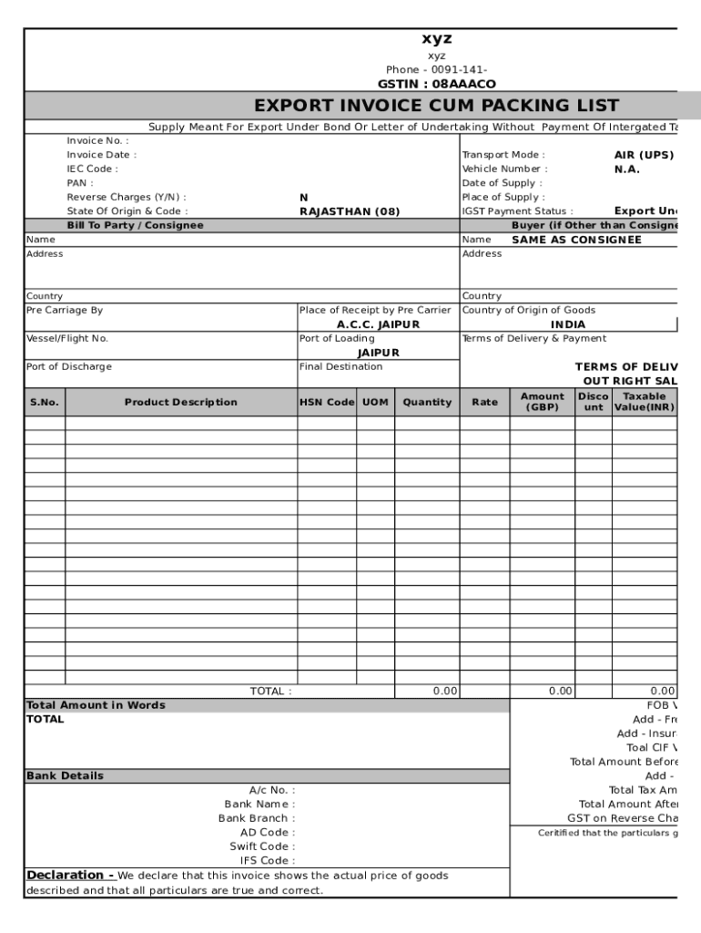 Export Invoice Cum Packing List - Blank Fillable Template | Fill Out ...