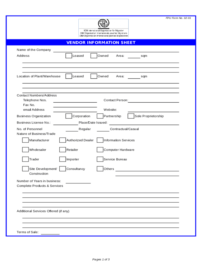 Fillable Online VENDOR INFORMATION SHEET Fax Email Print - pdfFiller