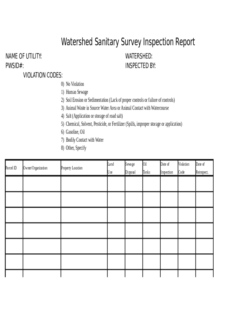 Fillable Online Watershed Sanitary Survey Inspection Report Fax Email ...
