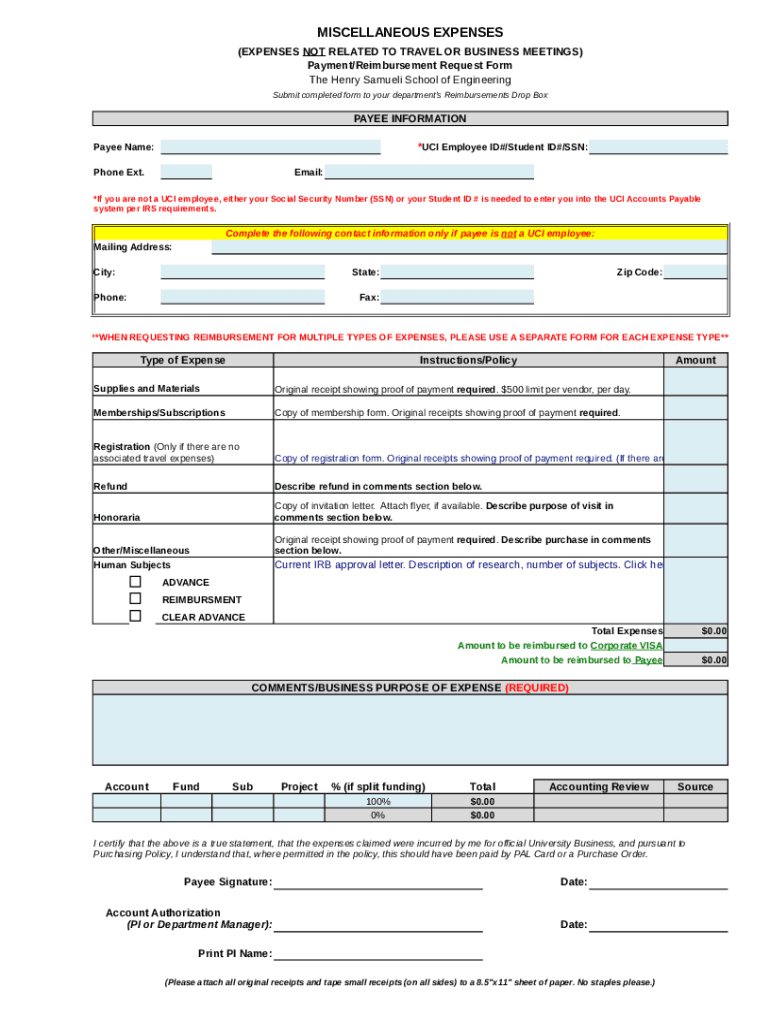 Fillable Online mae eng uci REQUEST FOR REIMBURSEMENT OF ENTERTAINMENT ...