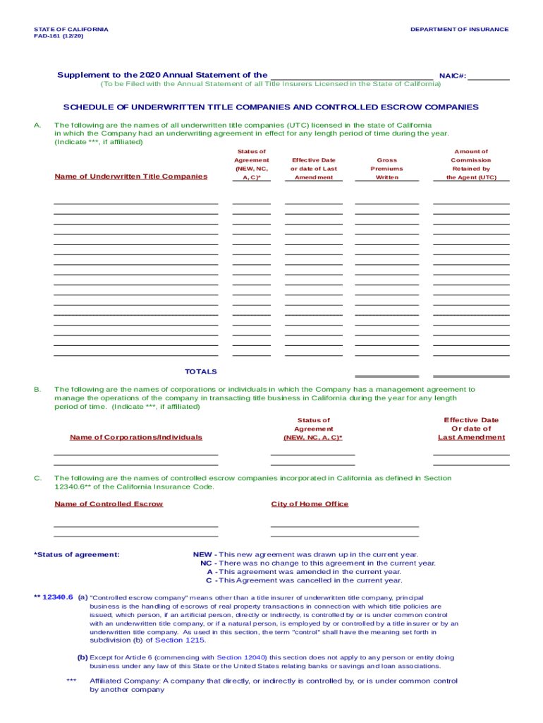 Fillable Online Supplement to the 2020 Annual Statement of the Fax ...