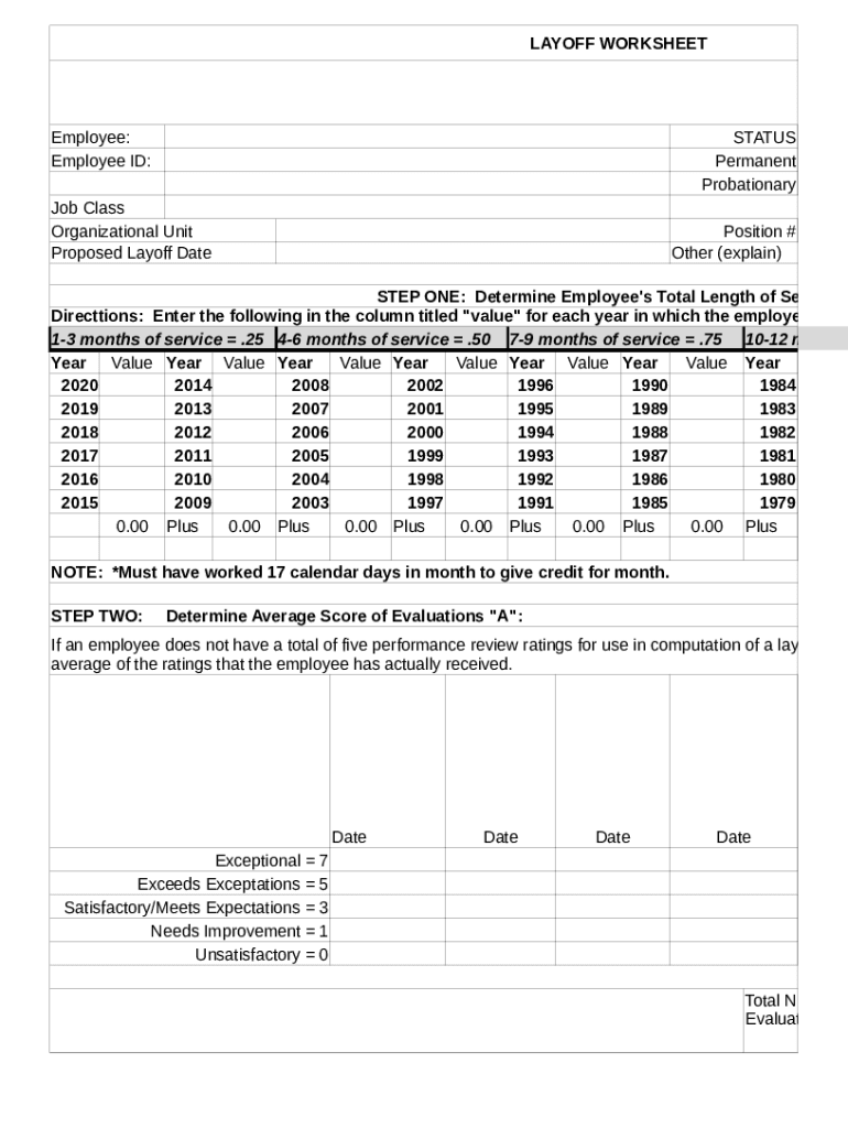 Fillable Online LAYOFF WORKSHEET Fax Email Print - pdfFiller