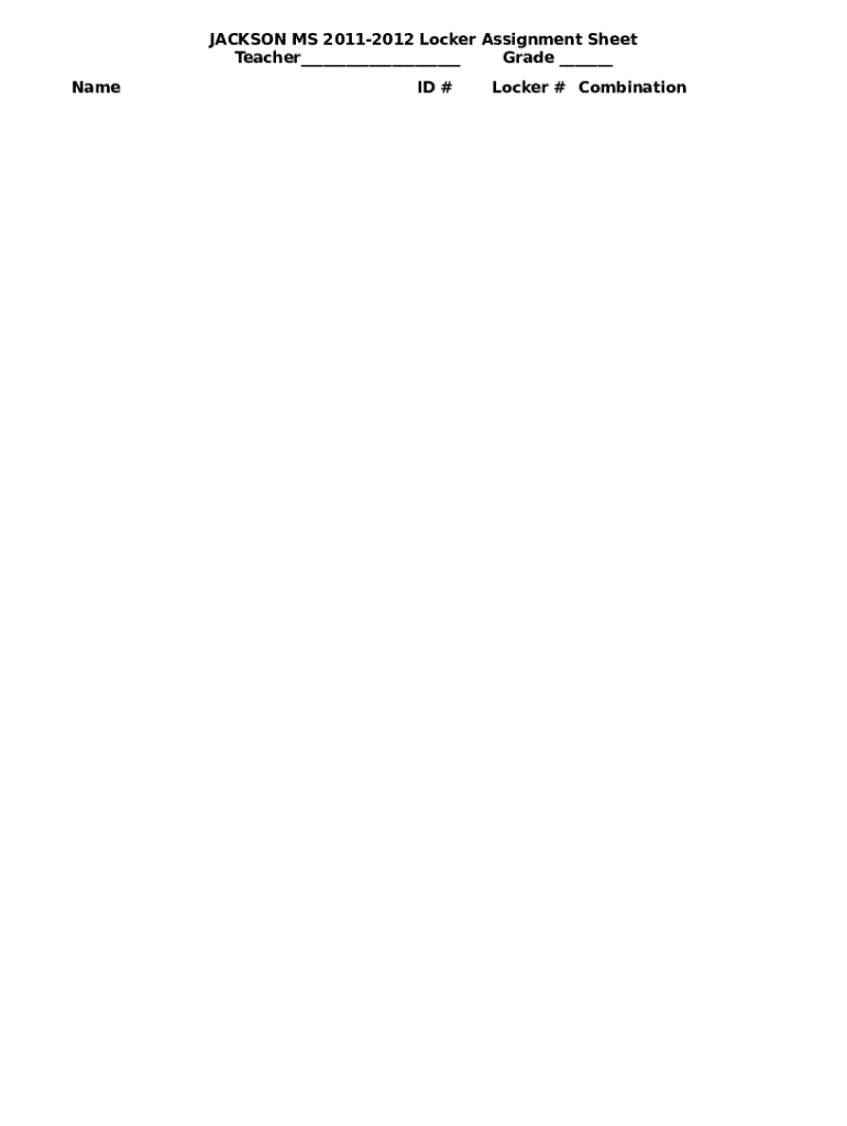 Fillable Online JACKSON MS 2011-2012 Locker Assignment Sheet Fax Email ...