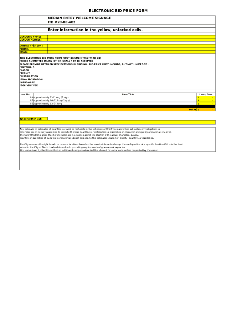 Fillable Online ELECTRONIC BID PRICE FORM Fax Email Print - pdfFiller