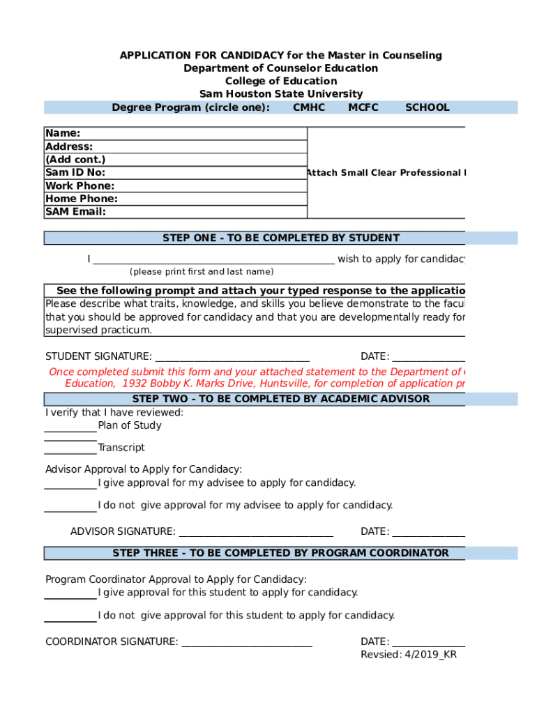 Fillable Online APPLICATION FOR CANDIDACY for the Master in Counseling ...