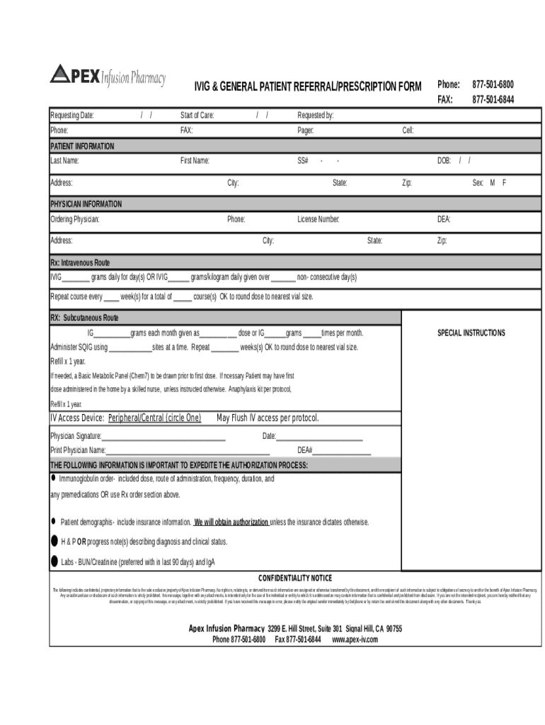 Fillable Online IVIG & GENERAL PATIENT REFERRAL/PRESCRIPTION FORM Fax ...