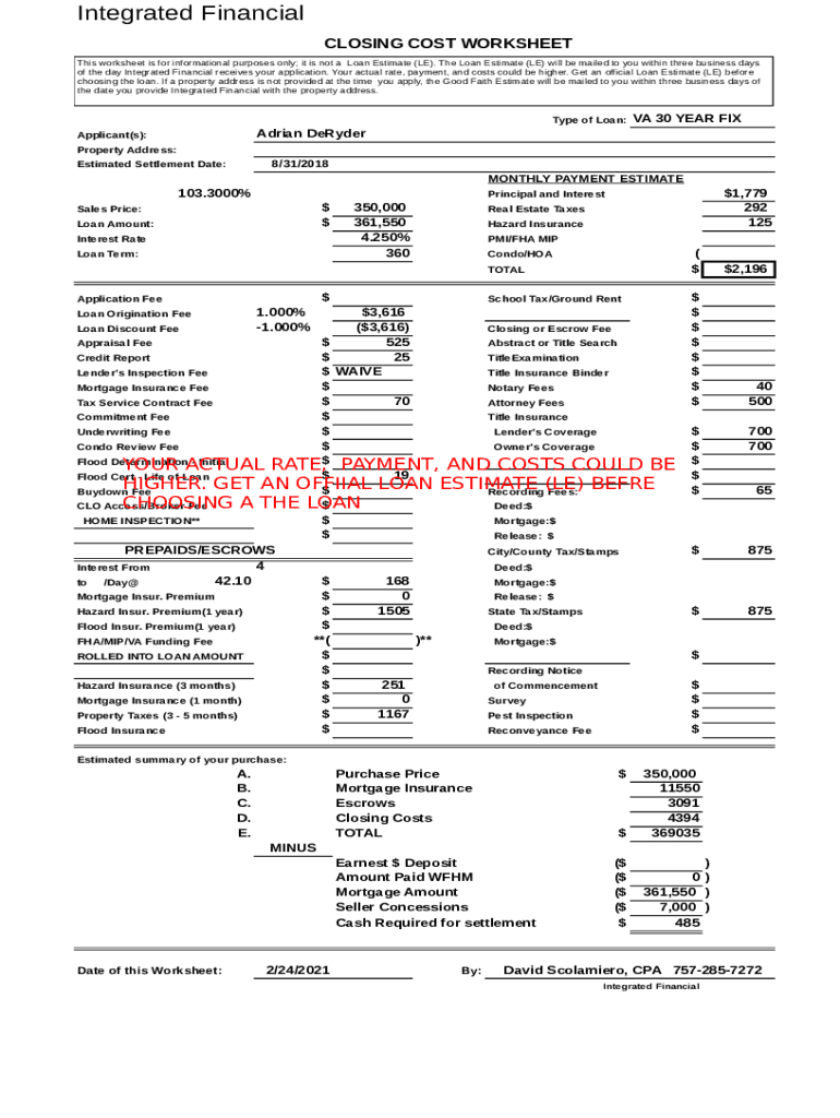 Fillable Online CLOSING COST WORKSHEET Fax Email Print PdfFiller Fillable Online CLOSING COST WORKSHEET Fax Email Print PdfFiller