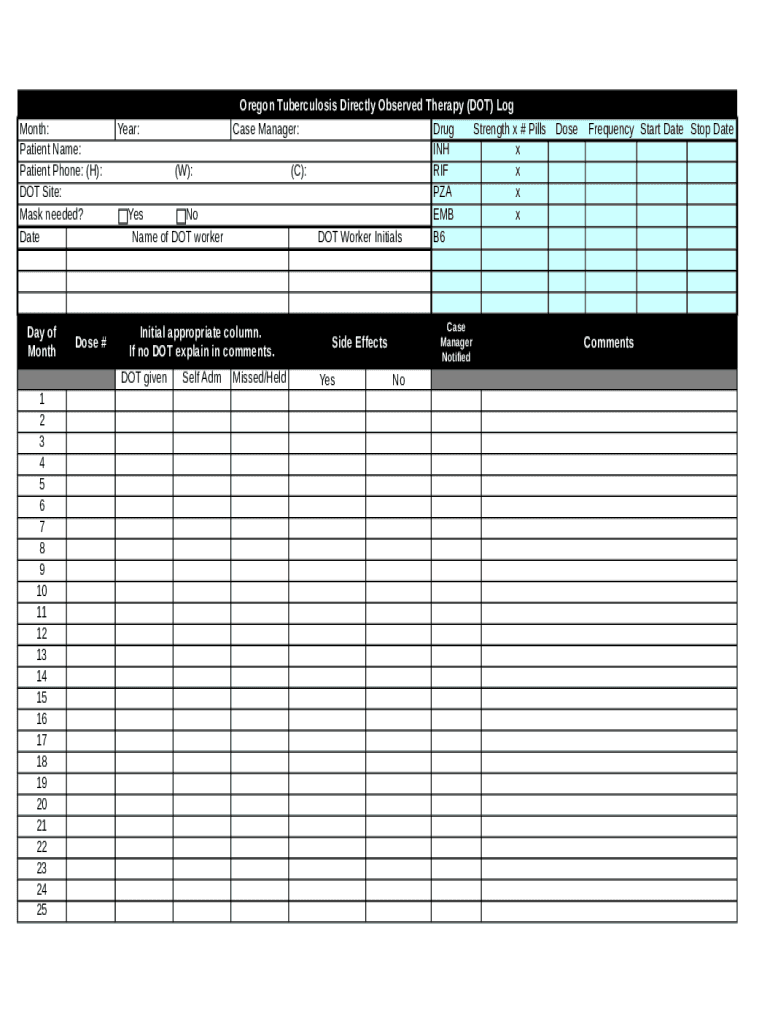 Fillable Online Directly Observed Therapy (DOT) Counting Log Form - XLS ...