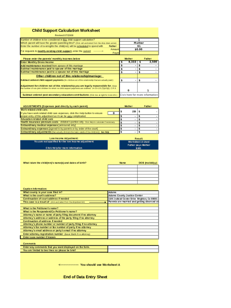 Fillable Online Child Support Calculation Worksheet Fax Email Print ...
