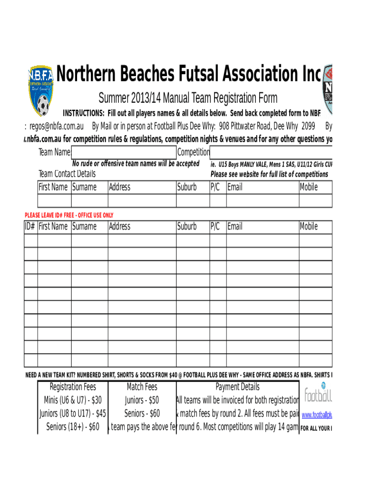 Fillable Online Summer 2013/14 Manual Team Registration Form Fax Email Print - pdfFiller