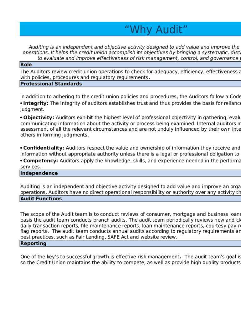 Fillable Online ajority of the credit union's operational audits are ...