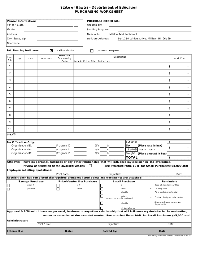 Hawaii Department of Education Purchasing Worksheet - Blank Fillable ...