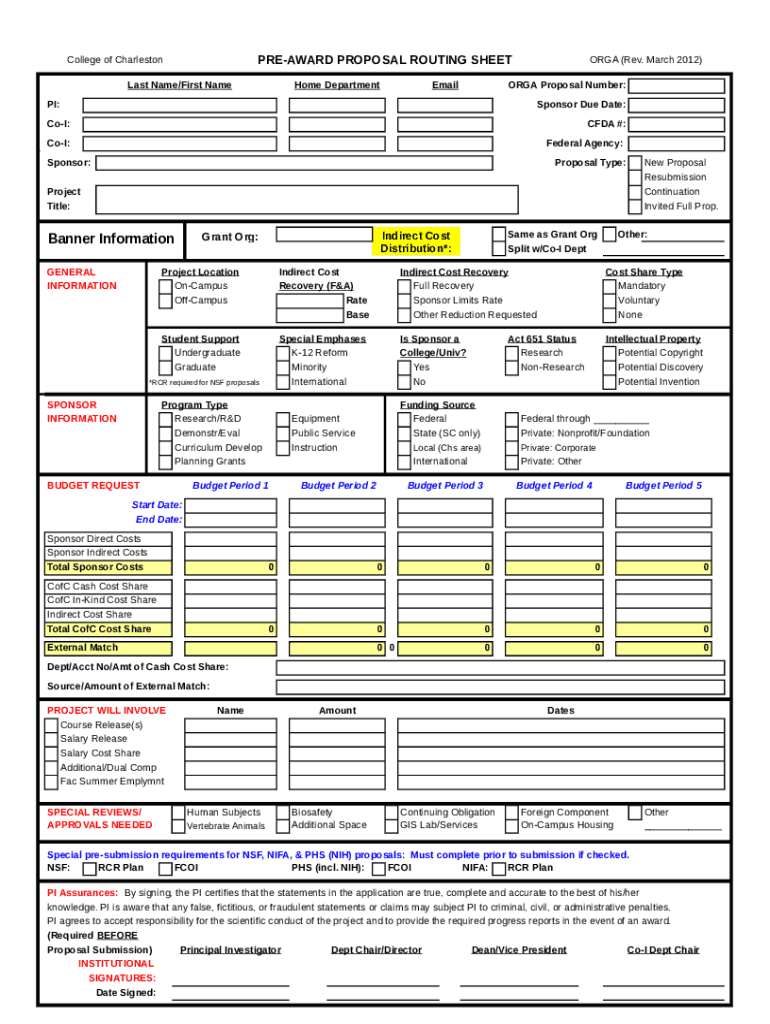 Fillable Online PRE-AWARD PROPOSAL ROUTING SHEET Fax Email Print ...