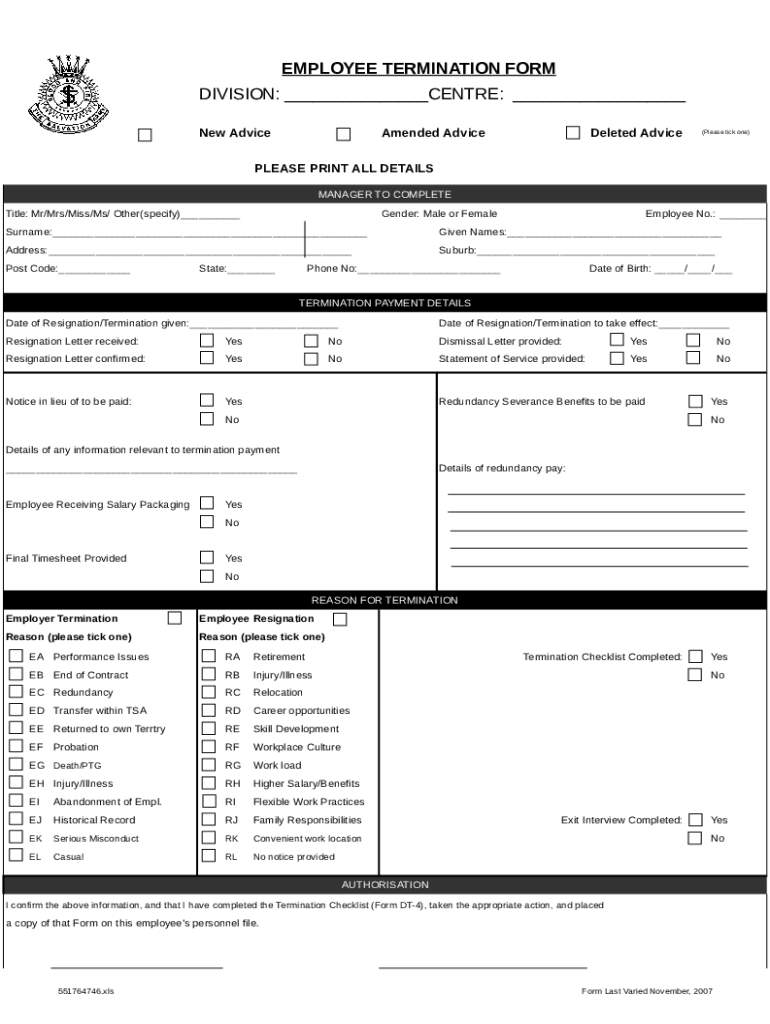 Fillable Online EMPLOYEE TERMINATION FORM Fax Email Print - pdfFiller